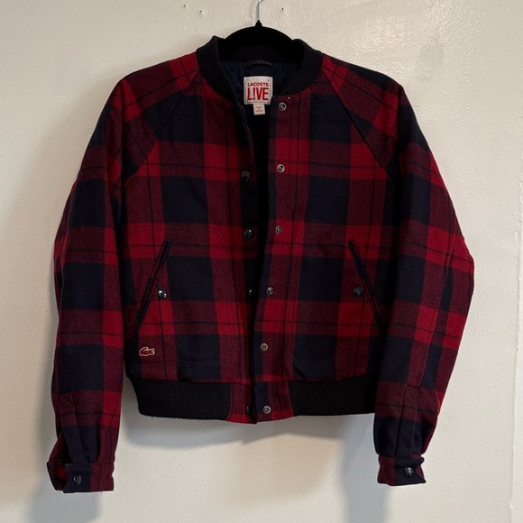 Lacoste | Jackets & Coats | Lacoste Red And Black Checkered Bomber ...